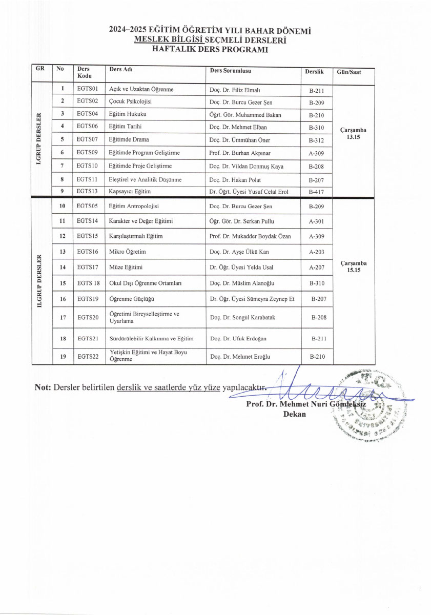 2024-2025 BAHAR YARIYILI HAFTALIK DERS PROGRAMI (Güncellendi- 24/03 ...
